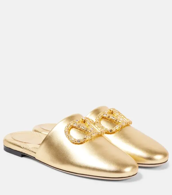 Valentino Garavani Vlogo Signature Metallic Leather Slides - Gold