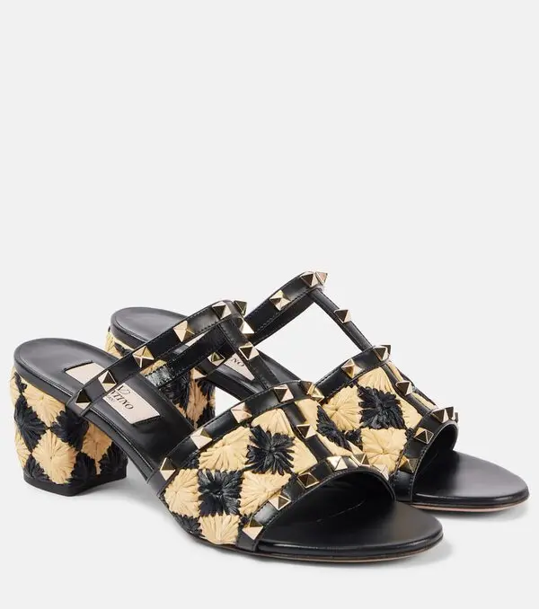 Valentino Garavani Rockstud 60 Raffia Mules - Black