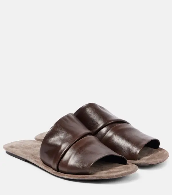 Brunello Cucinelli Ruched Leather Slides - Brown