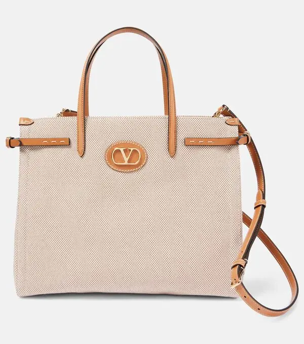 Valentino Garavani Vlogo Large Leather-trimmed Shoulder Bag - Beige