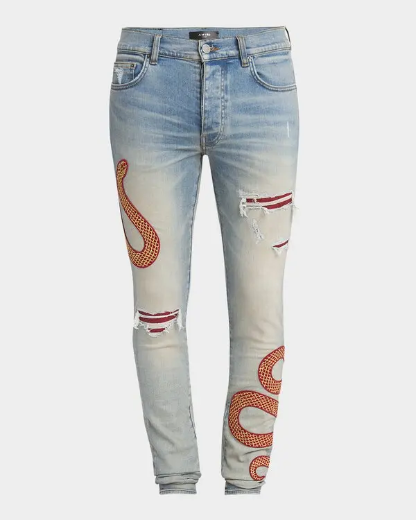 Amiri Snake Appliqué Skinny Jeans In Antique Indigo 40% Off