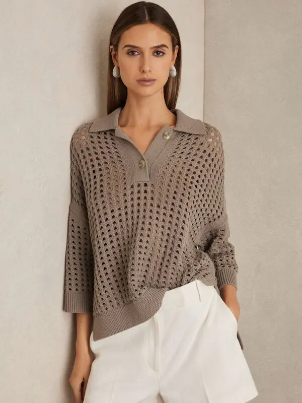 REISS Reika Cotton Crochet Collared Jumper - Stone