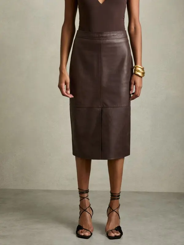 REISS Miley Leather Pencil Skirt - Burgundy
