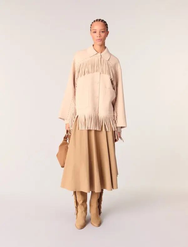 Maje Wool Double-breasted Fringed Coat