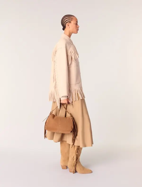 Maje Wool Double-breasted Fringed Coat