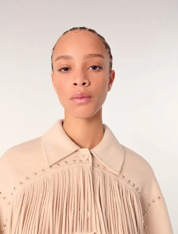 Maje Wool Double-breasted Fringed Coat