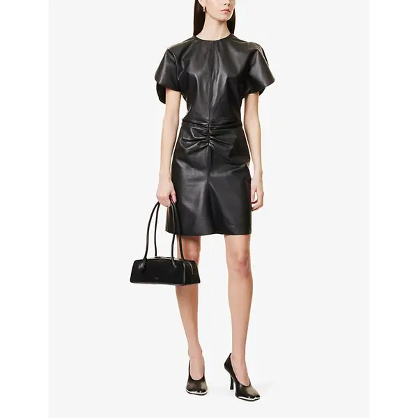 Victoria Beckham Ruched-Front Sleeveless Leather Mini Dress - Black |  Editorialist
