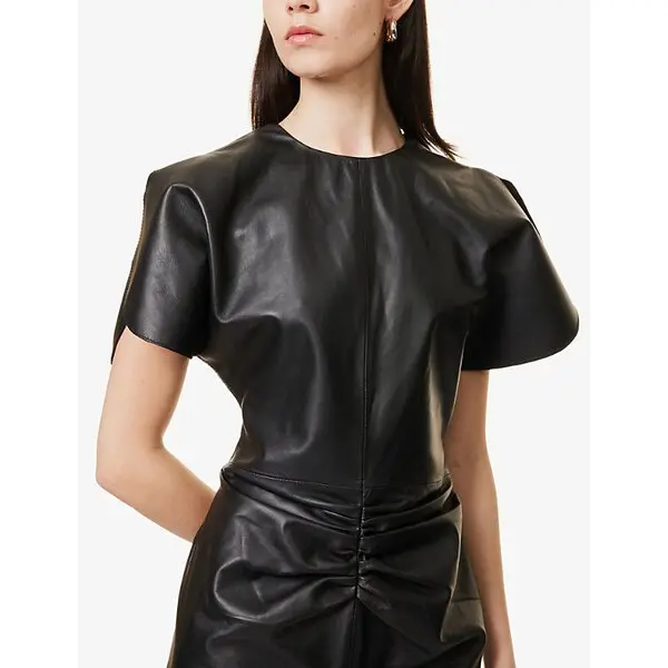 Victoria Beckham Ruched-Front Sleeveless Leather Mini Dress - Black |  Editorialist