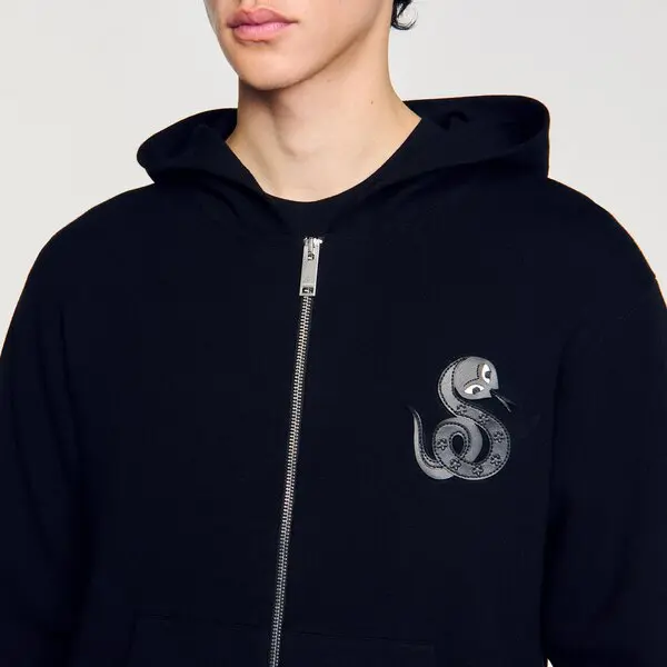 Sandro Zip-up Milano Knit Cardigan With Snake Patch