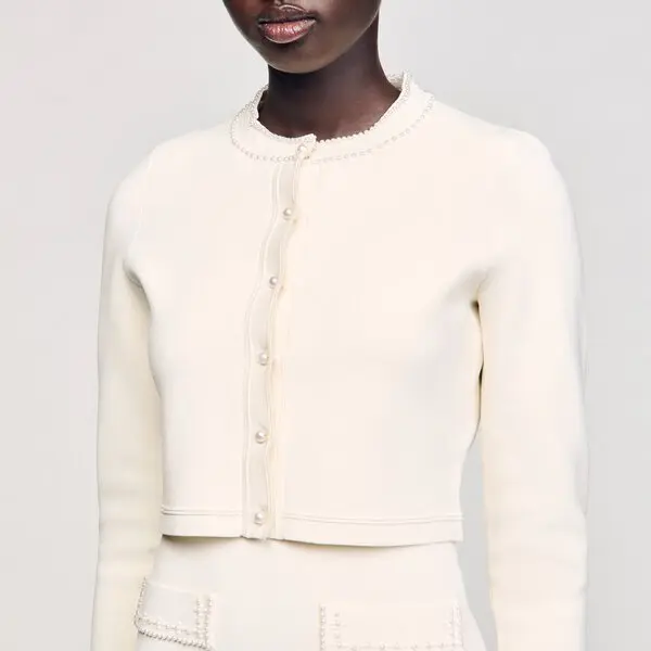 Cropped Pearl Cardigan Mサイズ　ecru Pearl Embellished Cropped Cardigan | The Webster