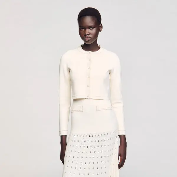 Cropped Pearl Cardigan Mサイズ　ecru Sandro Cropped Pointelle Knit Cardigan With Pearl Details In Ecru