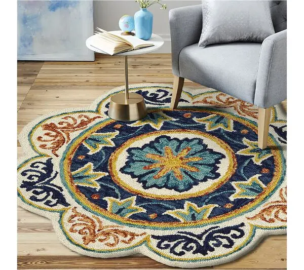 OX BAY TRADING CO. Ox Bay Maya Blue Floral Medallion Wool Indoor 4 Round Rug - One-color