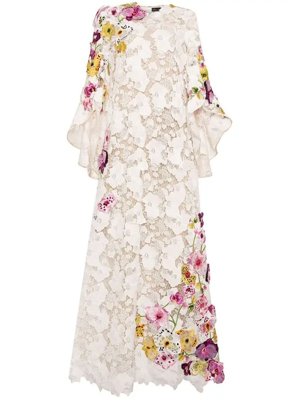 Oscar De La Renta Orchid Embroidered Guipure Kaftan White