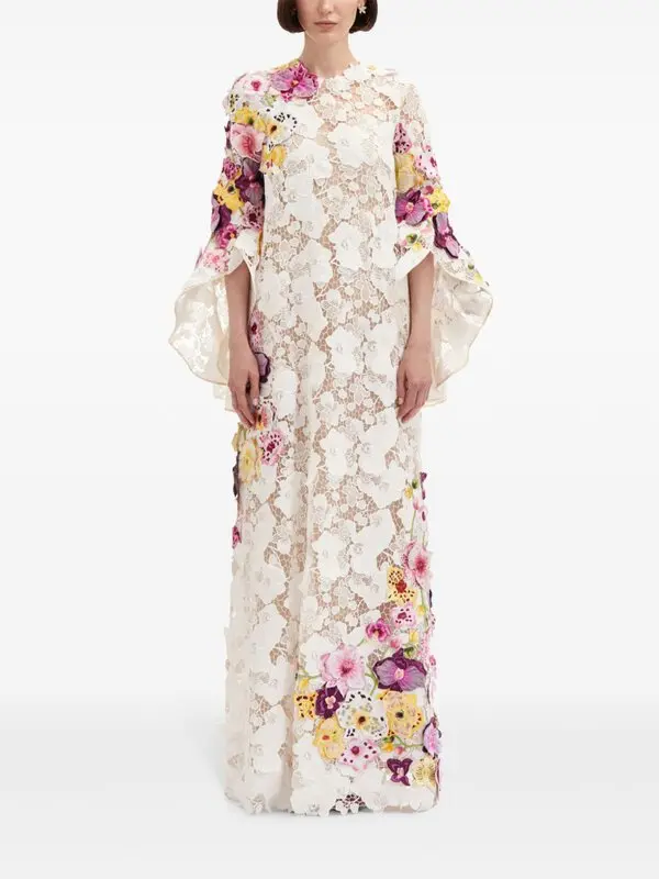 Oscar De La Renta Orchid Embroidered Guipure Kaftan White