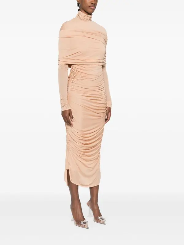 MUGLER Ruched Sheer Midi Dress - Neutrals