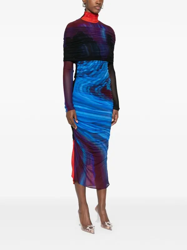 MUGLER Ruched Sheer Midi Dress - Blue