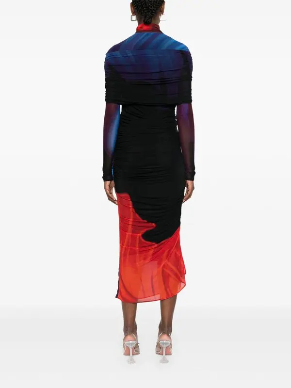 MUGLER Ruched Sheer Midi Dress - Blue