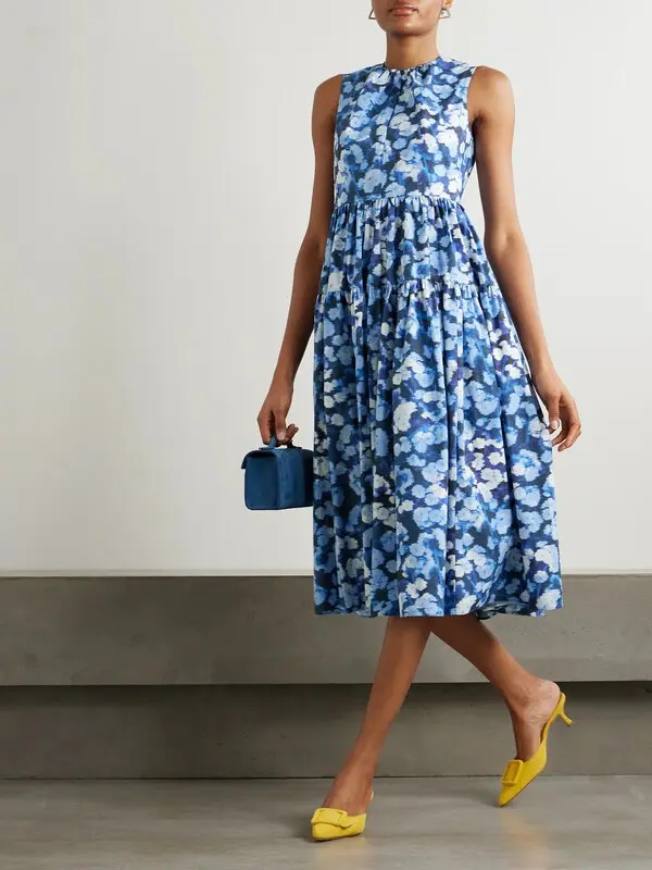 Erdem Tiered Gathered Floral-Print Midi Dress In Blue - 60% Off |  Editorialist