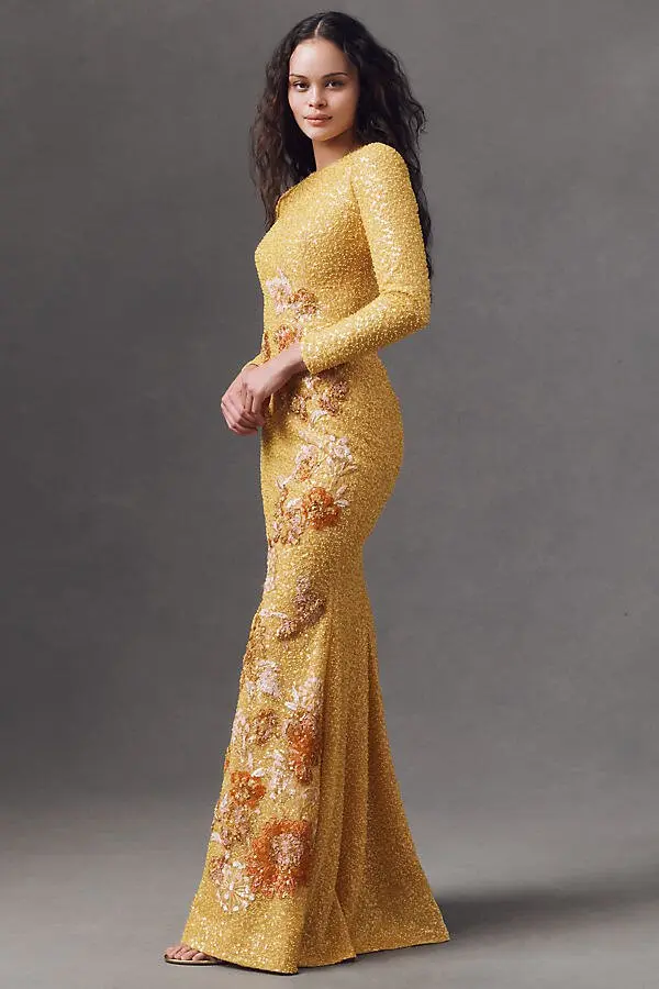 Helsi Shalom Sequin Floral Appliqu Maxi Dress In Saffron - 30% Off |  Editorialist