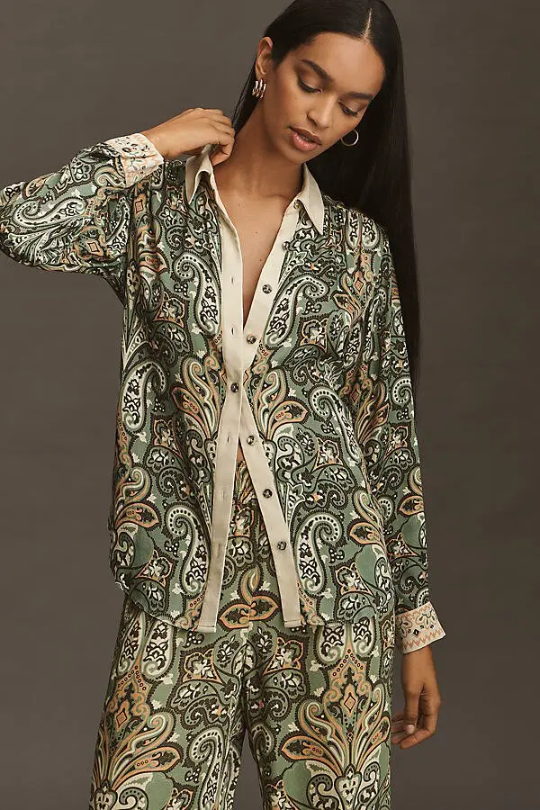 CONDITIONS APPLY Blooming Long-sleeve Blouse - Green Pattern