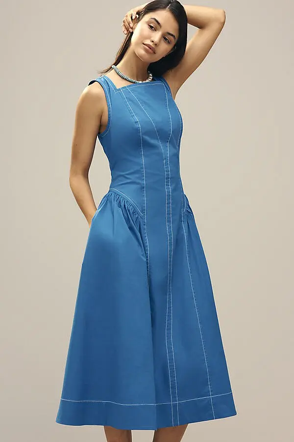 Anthropologie High-Neck Seamed Midi Dress In Victoria Blue - 66% Off