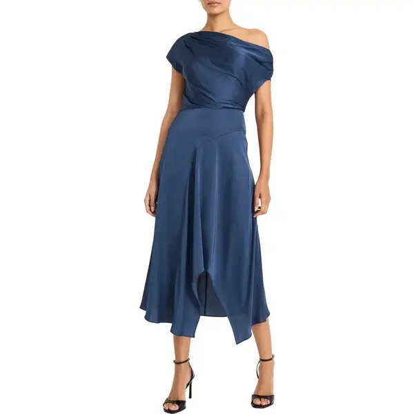navy blue dress for baby girl Maggy London Asymmetric Neck Satin Midi Dress In Ensign Blue - 40% Off