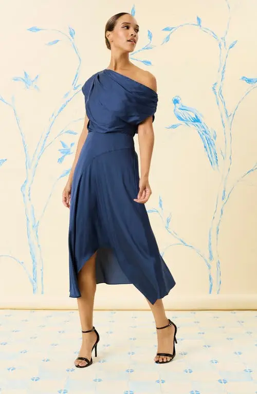 navy blue dress for baby girl Maggy London Asymmetric Neck Satin Midi Dress In Ensign Blue - 40% Off