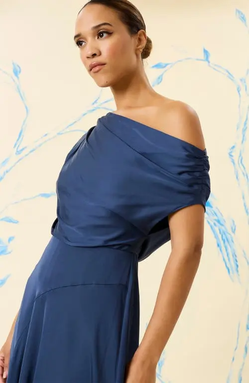 navy blue dress for baby girl Maggy London Asymmetric Neck Sheath Midi Dress main image 0