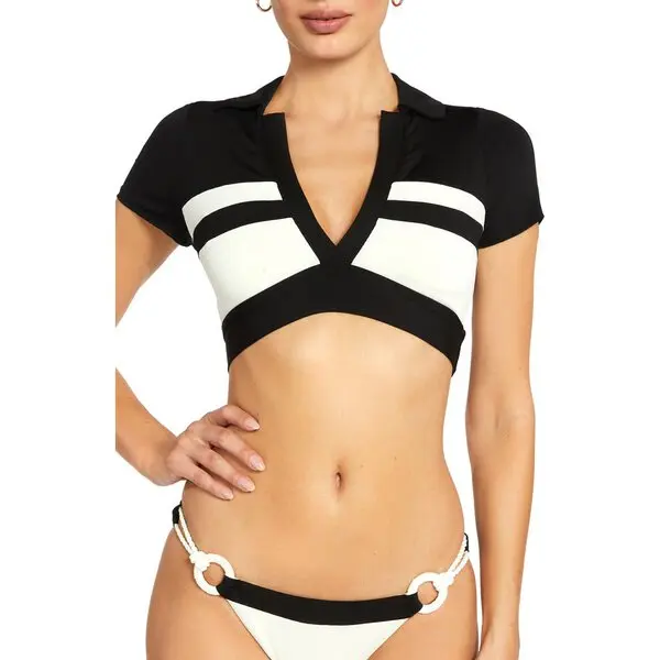 Robin Piccone Babe Stripe Short Sleeve Bikini Top - Black Combo