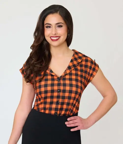 Unique Vintage 1960s Twill Sleeveless Blouse - Orange Gingham