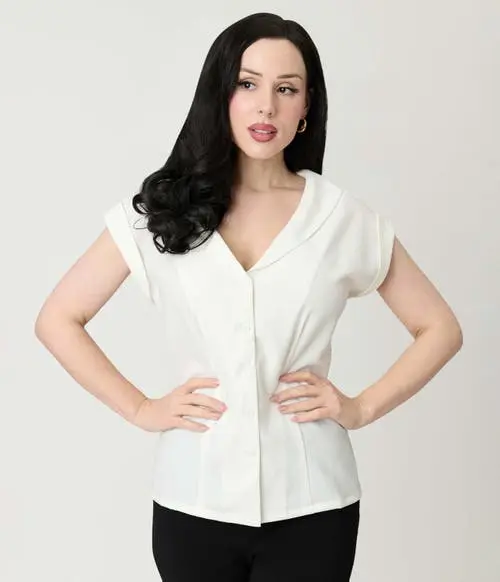 Unique Vintage 1960s Twill Blouse - Solid White