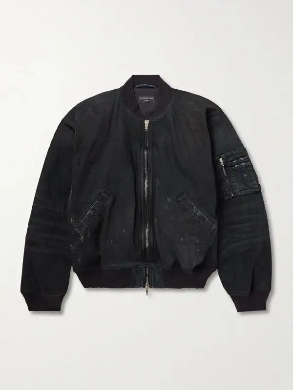 Balenciaga Distressed Padded Denim Bomber Jacket - Black