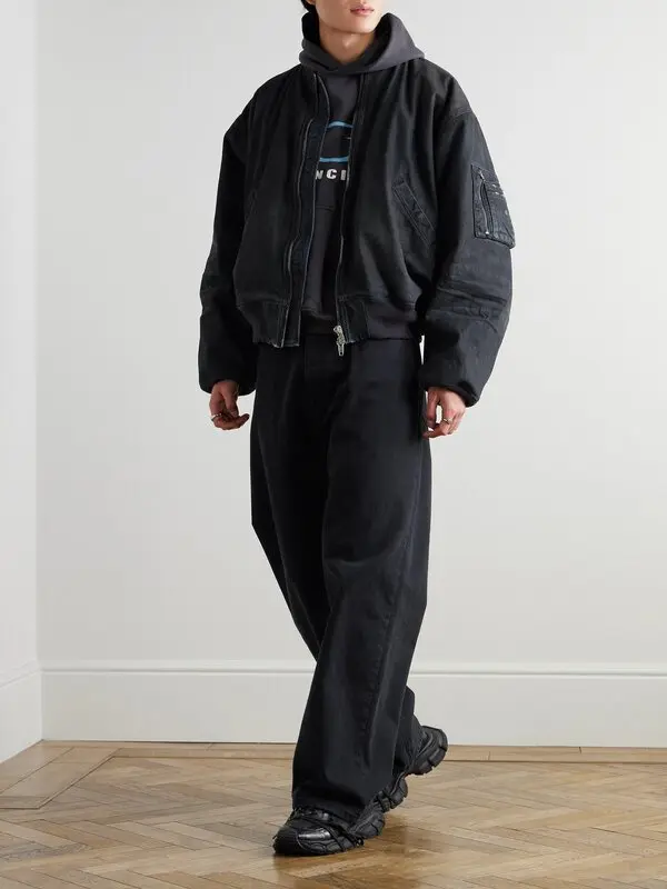 Balenciaga Distressed Padded Denim Bomber Jacket - Black