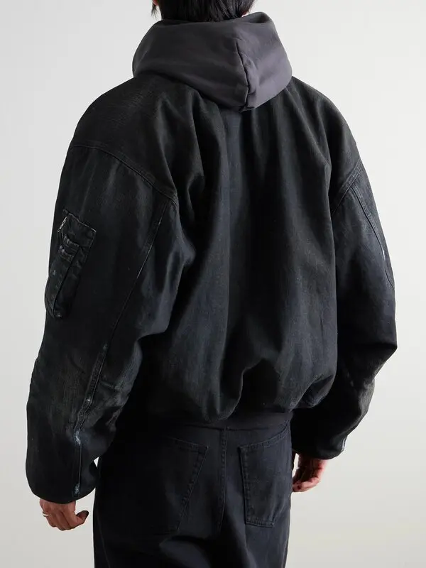 Balenciaga Distressed Padded Denim Bomber Jacket - Black