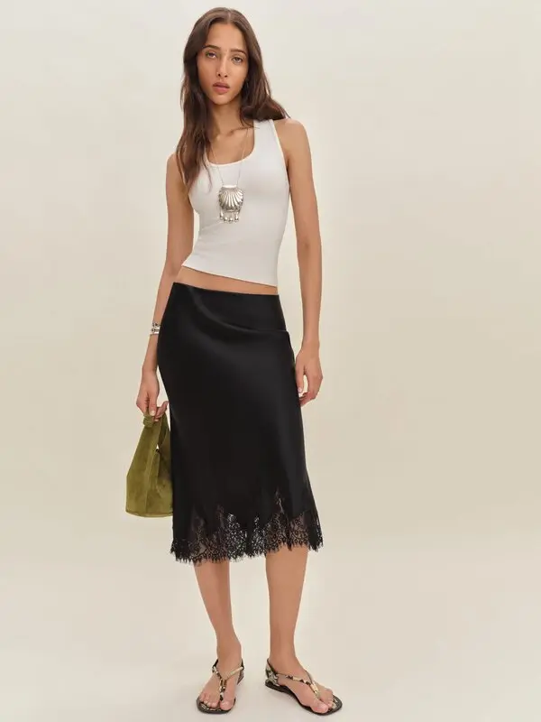 REFORMATION Carolina Silk Midi Skirt - Black