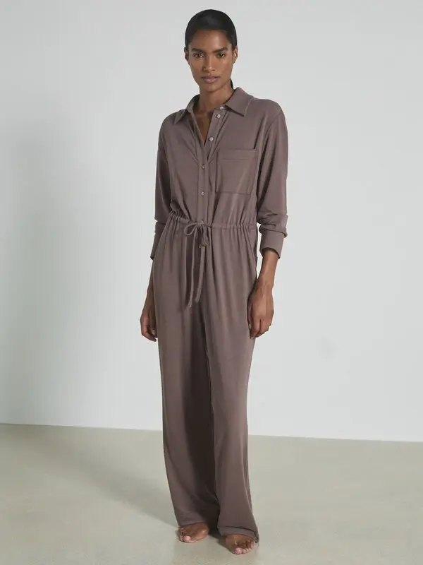 REISS Rita Thermal Jersey Jumpsuit - Dark Mink