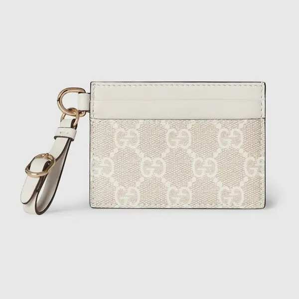 Gucci Gg Emblem Card Case With Strap Gg Canvas - White