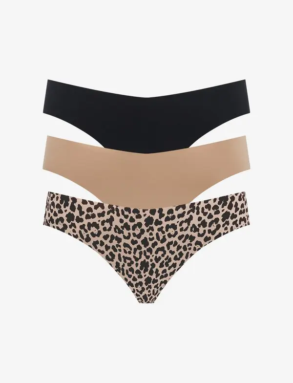 THIRDLOVE Zero Edge™ No-show Thong 3 Pack Panty - Black Taupe Leopard