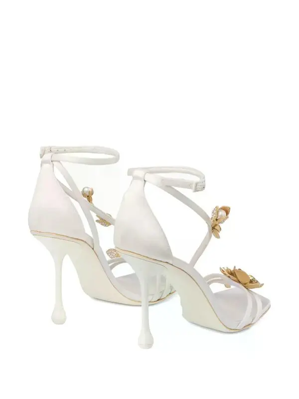 JIMMY CHOO Zea 95 Floral Jewel Embellished Satin Sandals - White