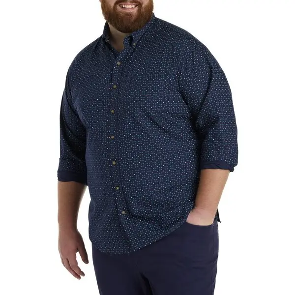 HARBOR BAY BY DXL Big & Tall Easy-care Medallion Print Sport Shirt - Navy