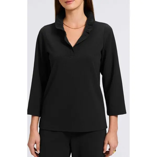 Foxcroft Tammy Ruffle Collar Crepe Top - Black