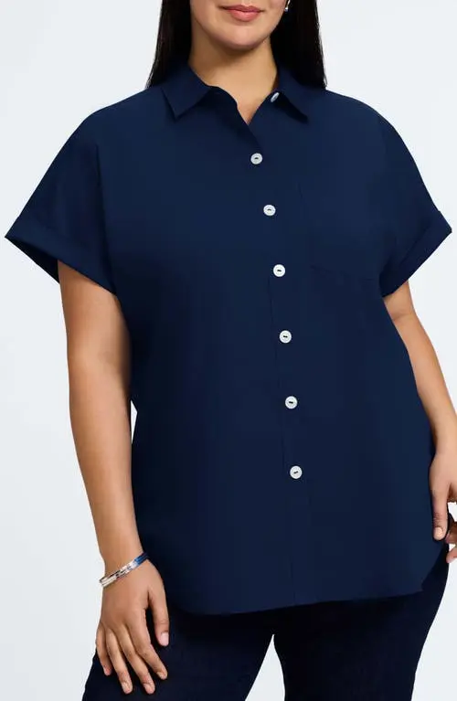 Foxcroft Abigail Short Sleeve Button-up Shirt - Navy