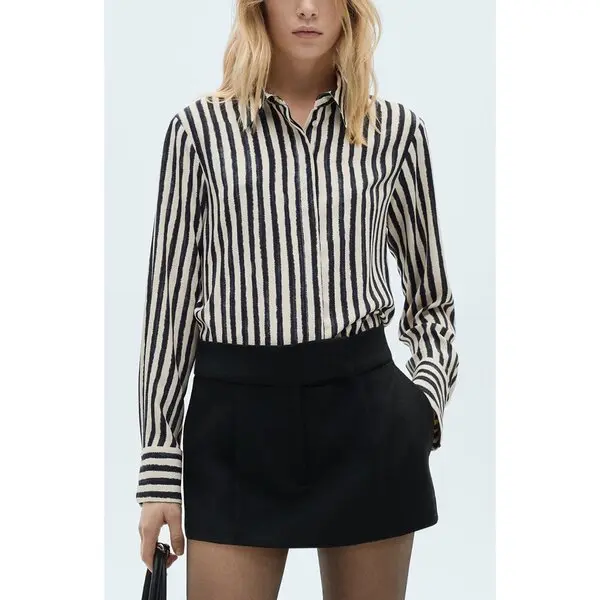 Mango Stripe Button-front Shirt - Ecru/black