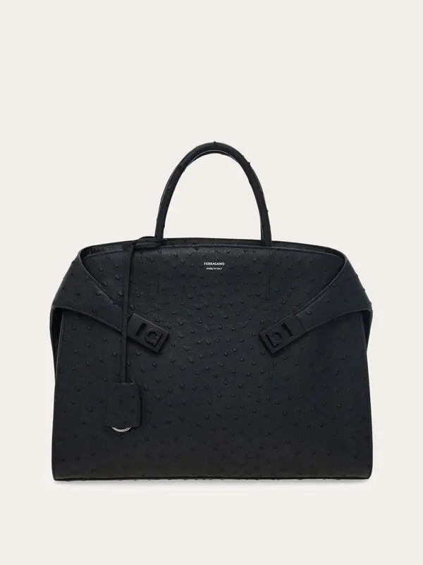 FERRAGAMO Hug Ostrich Briefcase - Black