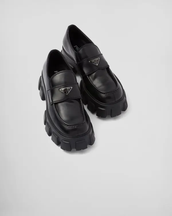 Prada Monolith Brushed Leather Loafers - Black