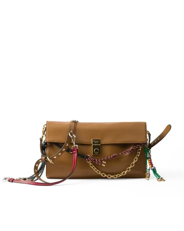 Prada Soft Sound Leather Shoulder Bag With Charms - Brown
