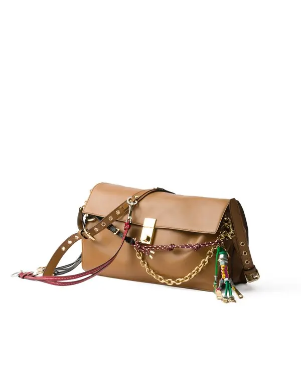 Prada Large Leather Shoulder Bag With Charms - Brown