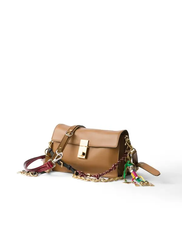 Prada Soft Sound Small Leather Shoulder Bag With Charms - Brown