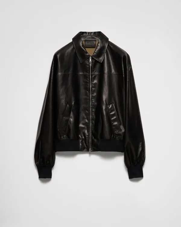 Prada Leather Bomber Jacket - Black/sand