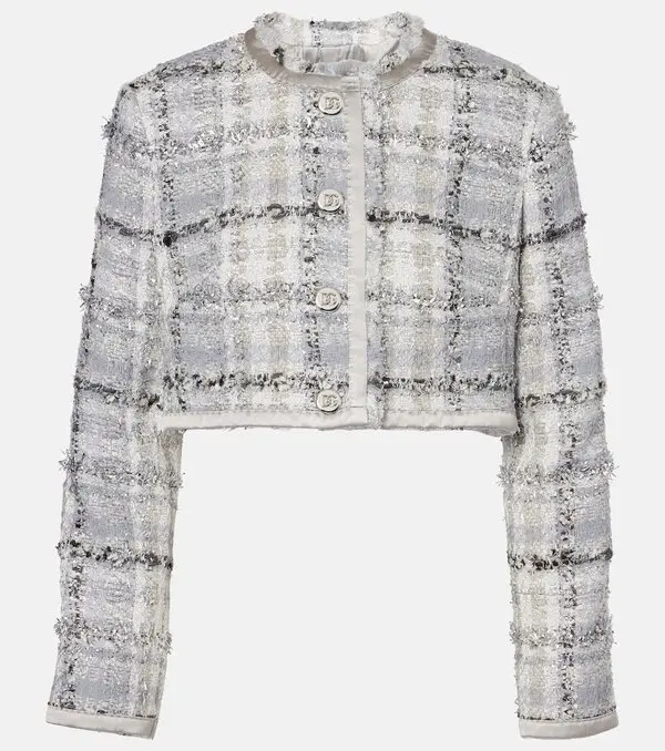 Dolce & Gabbana Checked Cropped Lamé Tweed Jacket - Grey